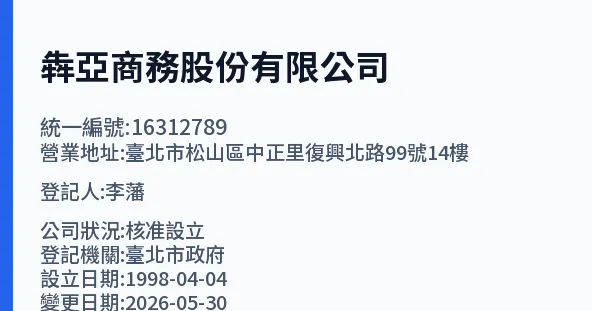 犇亞商務股份有限公司的照片-統編 16312789(臺北市) 公司登記資料與營業項目詳細圖表