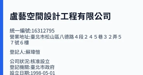 盧藝空間設計工程有限公司的照片-統編 16312795(臺北市) 公司登記資料與營業項目詳細圖表