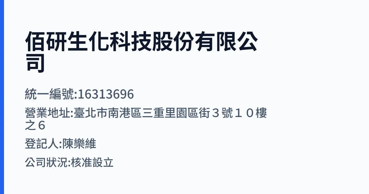 佰研生化科技股份有限公司 - 統編 16313696(臺北市) 公司登記資料與營業項目詳細圖表