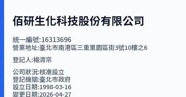 佰研生化科技股份有限公司的照片-統編 16313696(臺北市) 公司登記資料與營業項目詳細圖表