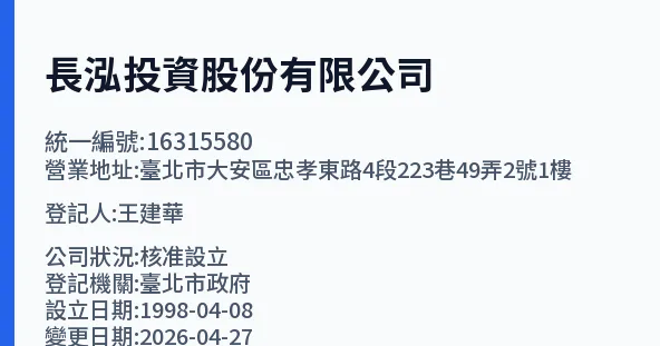 長泓投資股份有限公司的照片-統編 16315580(臺北市) 公司登記資料與營業項目詳細圖表