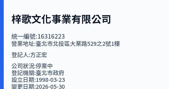 梓歌文化事業有限公司的照片-統編 16316223(臺北市) 公司登記資料與營業項目詳細圖表
