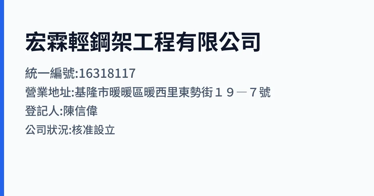 宏霖輕鋼架工程有限公司 - 統編 16318117(基隆市) 公司登記資料與營業項目詳細圖表