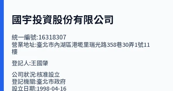 國宇投資股份有限公司的照片-統編 16318307(臺北市) 公司登記資料與營業項目詳細圖表