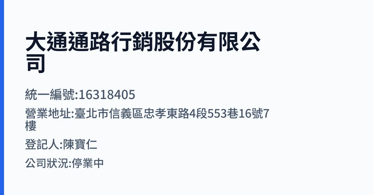 大通通路行銷股份有限公司 - 統編 16318405(臺北市) 公司登記資料與營業項目詳細圖表