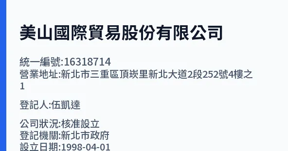 美山國際貿易股份有限公司的照片-統編 16318714(新北市) 公司登記資料與營業項目詳細圖表