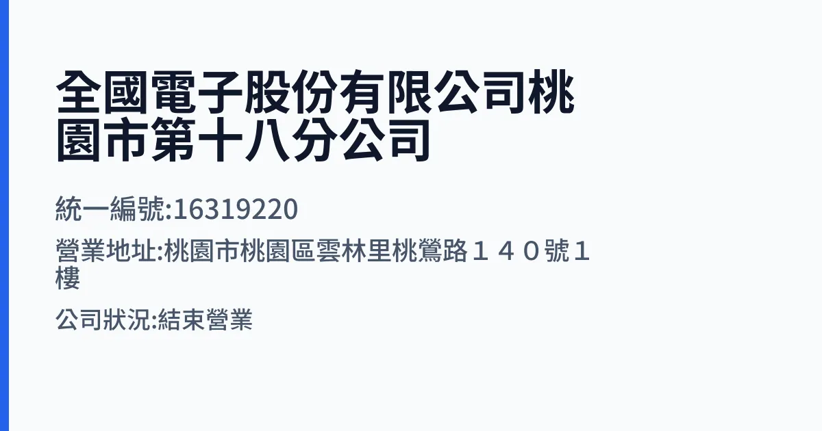全國電子股份有限公司桃園市第十八分公司 - 統編 16319220(桃園市) 公司登記資料與營業項目詳細圖表
