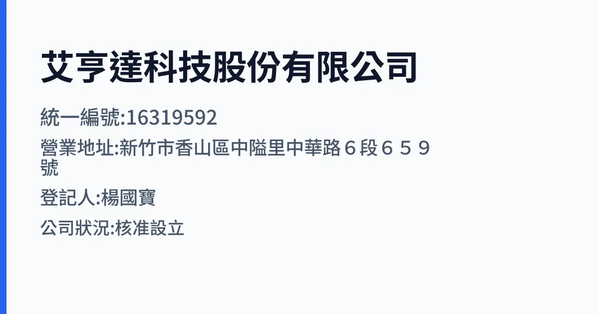 艾亨達科技股份有限公司 - 統編 16319592(新竹市) 公司登記資料與營業項目詳細圖表