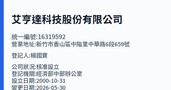 艾亨達科技股份有限公司的照片-統編 16319592(新竹市) 公司登記資料與營業項目詳細圖表