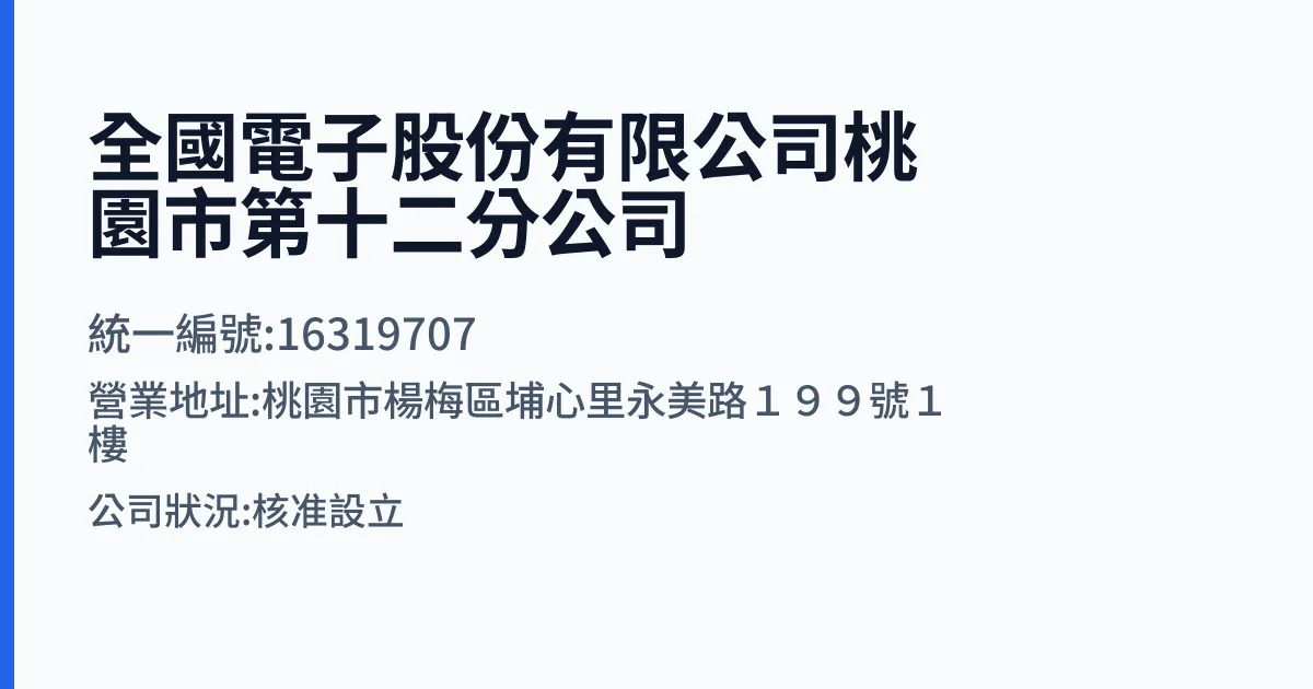 全國電子股份有限公司桃園市第十二分公司 - 統編 16319707(桃園市) 公司登記資料與營業項目詳細圖表