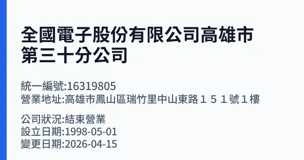全國電子股份有限公司高雄市第三十分公司的照片-統編 16319805(高雄市) 公司登記資料與營業項目詳細圖表