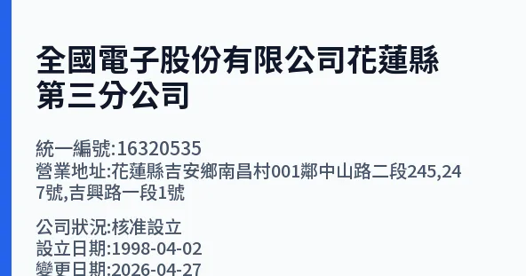 全國電子股份有限公司花蓮縣第三分公司的照片-統編 16320535(花蓮縣) 公司登記資料與營業項目詳細圖表
