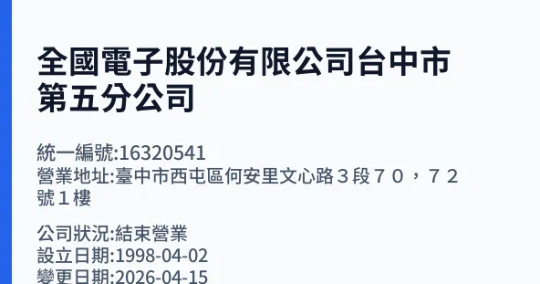全國電子股份有限公司台中市第五分公司的照片-統編 16320541(臺中市) 公司登記資料與營業項目詳細圖表