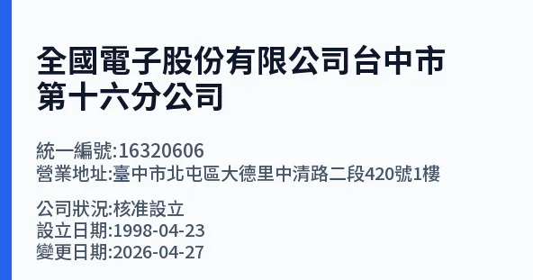 全國電子股份有限公司台中市第十六分公司的照片-統編 16320606(臺中市) 公司登記資料與營業項目詳細圖表