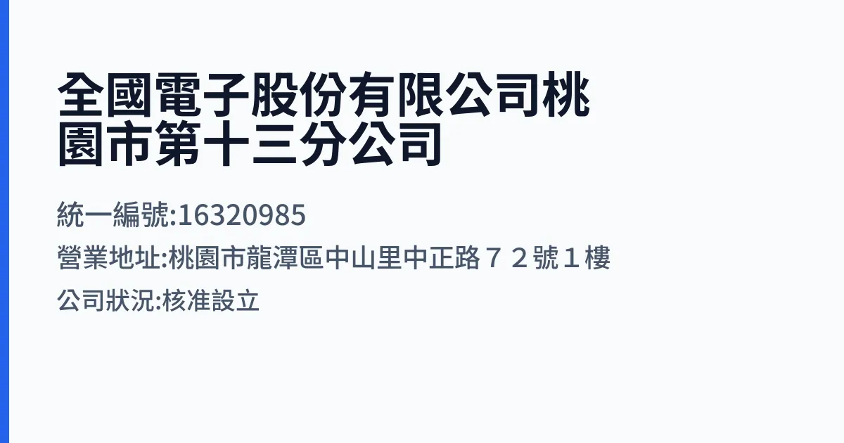 全國電子股份有限公司桃園市第十三分公司 - 統編 16320985(桃園市) 公司登記資料與營業項目詳細圖表