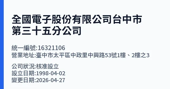 全國電子股份有限公司台中市第三十五分公司的照片-統編 16321106(臺中市) 公司登記資料與營業項目詳細圖表
