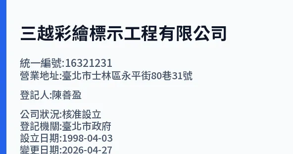 三越彩繪標示工程有限公司的照片-統編 16321231(臺北市) 公司登記資料與營業項目詳細圖表