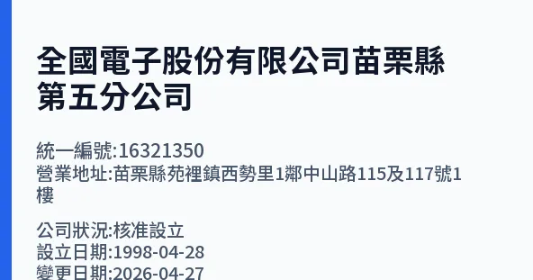 全國電子股份有限公司苗栗縣第五分公司的照片-統編 16321350(苗栗縣) 公司登記資料與營業項目詳細圖表