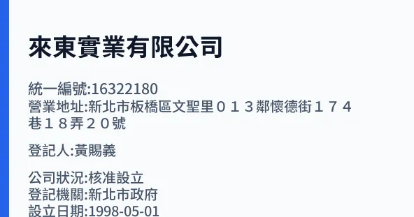 來東實業有限公司的照片-統編 16322180(新北市) 公司登記資料與營業項目詳細圖表
