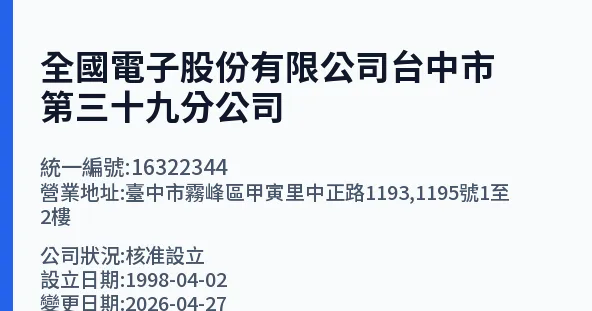 全國電子股份有限公司台中市第三十九分公司的照片-統編 16322344(臺中市) 公司登記資料與營業項目詳細圖表