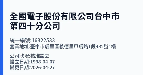 全國電子股份有限公司台中市第四十分公司的照片-統編 16322533(臺中市) 公司登記資料與營業項目詳細圖表