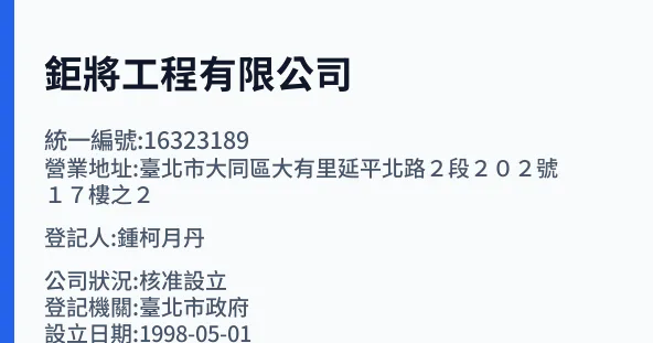 鉅將工程有限公司的照片-統編 16323189(臺北市) 公司登記資料與營業項目詳細圖表