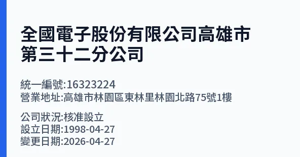 全國電子股份有限公司高雄市第三十二分公司的照片-統編 16323224(高雄市) 公司登記資料與營業項目詳細圖表