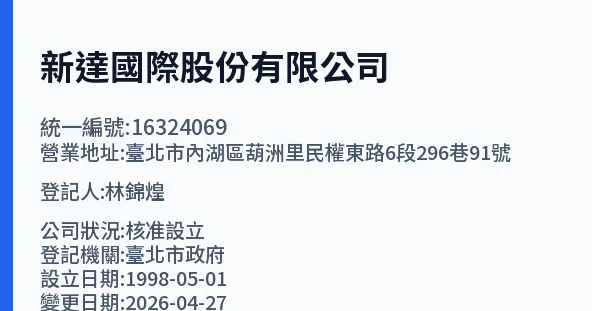 新達國際股份有限公司的照片-統編 16324069(臺北市) 公司登記資料與營業項目詳細圖表