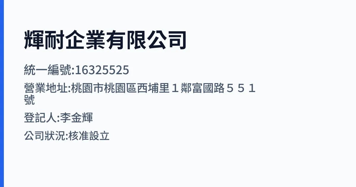 輝耐企業有限公司 - 統編 16325525(桃園市) 公司登記資料與營業項目詳細圖表