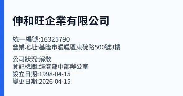 伸和旺企業有限公司的照片-統編 16325790(基隆市) 公司登記資料與營業項目詳細圖表