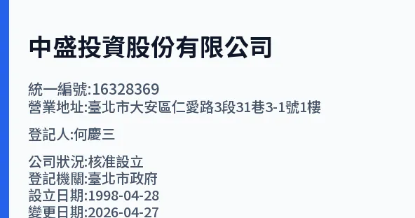中盛投資股份有限公司的照片-統編 16328369(臺北市) 公司登記資料與營業項目詳細圖表