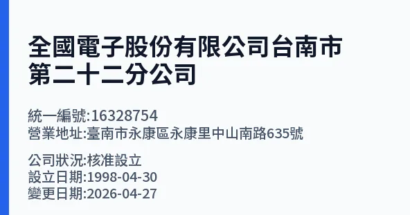 全國電子股份有限公司台南市第二十二分公司的照片-統編 16328754(臺南市) 公司登記資料與營業項目詳細圖表