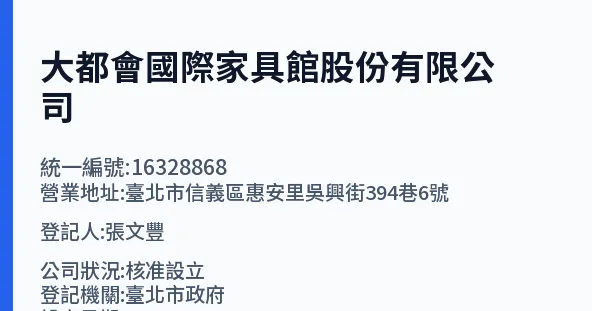 大都會國際家具館股份有限公司的照片-統編 16328868(臺北市) 公司登記資料與營業項目詳細圖表