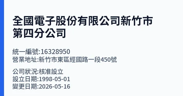 全國電子股份有限公司新竹市第四分公司的照片-統編 16328950(新竹市) 公司登記資料與營業項目詳細圖表
