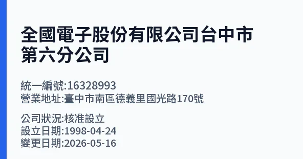 全國電子股份有限公司台中市第六分公司的照片-統編 16328993(臺中市) 公司登記資料與營業項目詳細圖表