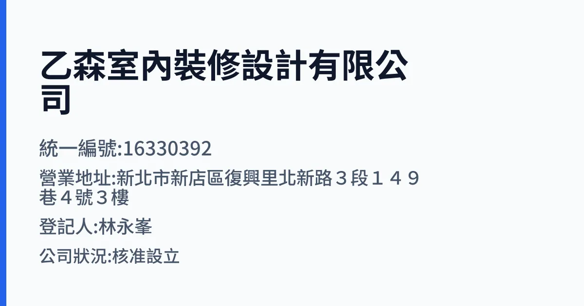 乙森室內裝修設計有限公司 - 統編 16330392(新北市) 公司登記資料與營業項目詳細圖表