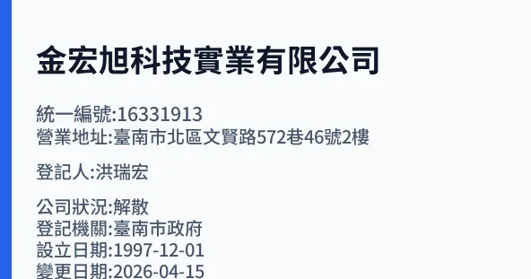 金宏旭科技實業有限公司的照片-統編 16331913(臺南市) 公司登記資料與營業項目詳細圖表