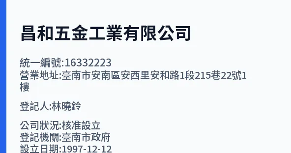 昌和五金工業有限公司的照片-統編 16332223(臺南市) 公司登記資料與營業項目詳細圖表