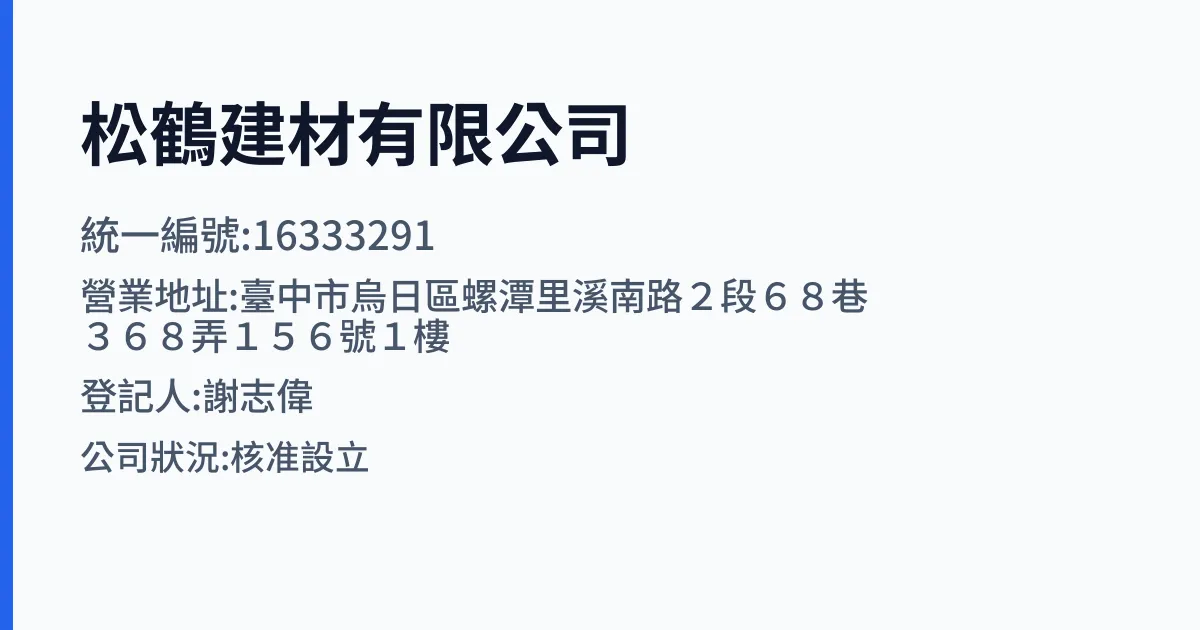 松鶴建材有限公司 - 統編 16333291(臺中市) 公司登記資料與營業項目詳細圖表