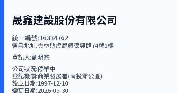 晟鑫建設股份有限公司的照片-統編 16334762(雲林縣) 公司登記資料與營業項目詳細圖表