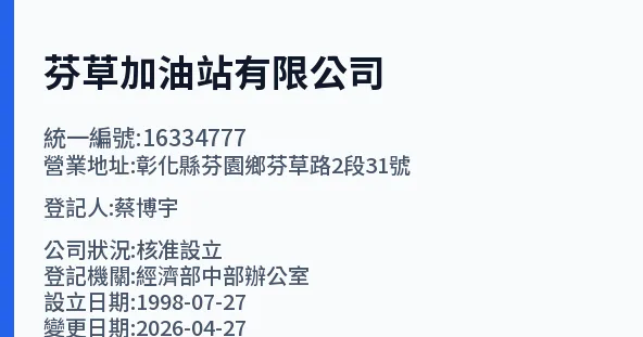 芬草加油站有限公司的照片-統編 16334777(彰化縣) 公司登記資料與營業項目詳細圖表
