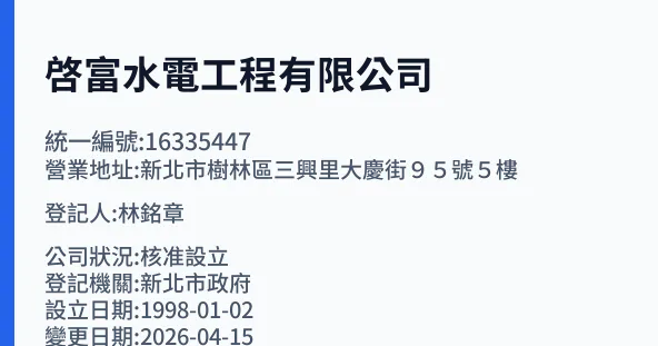啓富水電工程有限公司的照片-統編 16335447(新北市) 公司登記資料與營業項目詳細圖表