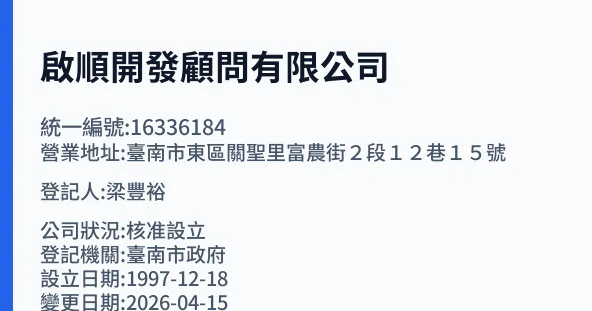 啟順開發顧問有限公司的照片-統編 16336184(臺南市) 公司登記資料與營業項目詳細圖表