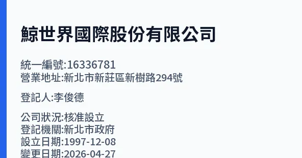 鯨世界國際股份有限公司的照片-統編 16336781(新北市) 公司登記資料與營業項目詳細圖表