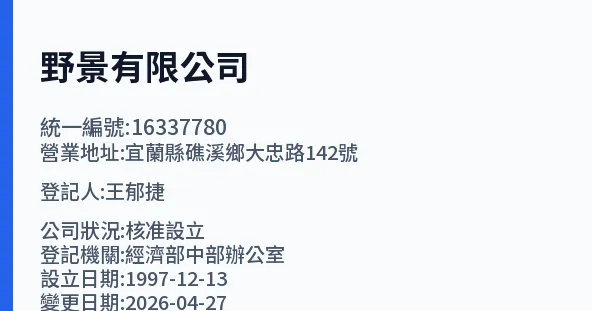 野景有限公司的照片-統編 16337780(宜蘭縣) 公司登記資料與營業項目詳細圖表