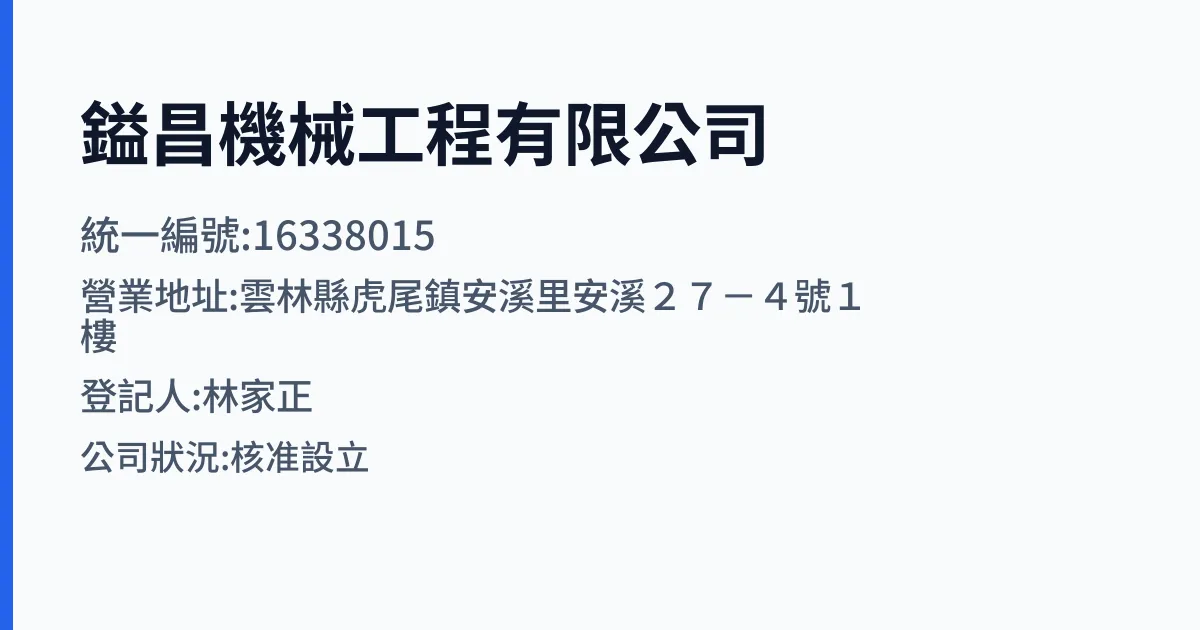鎰昌機械工程有限公司 - 統編 16338015(雲林縣) 公司登記資料與營業項目詳細圖表