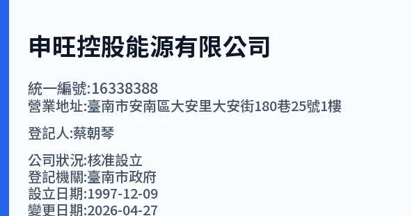 申旺控股能源有限公司的照片-統編 16338388(臺南市) 公司登記資料與營業項目詳細圖表