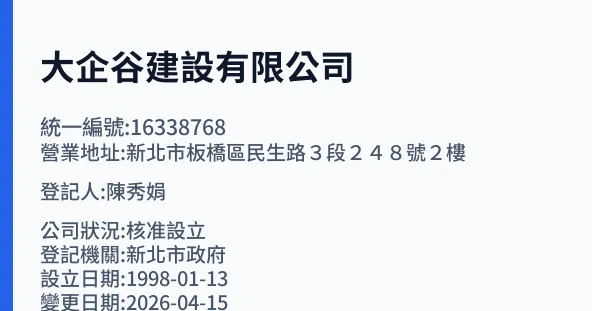 大企谷建設有限公司的照片-統編 16338768(新北市) 公司登記資料與營業項目詳細圖表