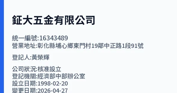 鉦大五金有限公司的照片-統編 16343489(彰化縣) 公司登記資料與營業項目詳細圖表