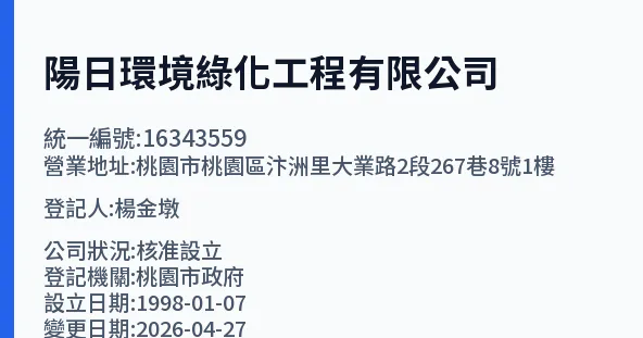 陽日環境綠化工程有限公司的照片-統編 16343559(桃園市) 公司登記資料與營業項目詳細圖表
